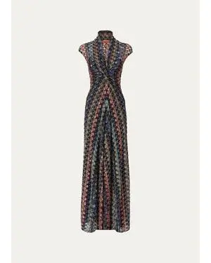 Missoni Plunging Twisted Metallic Lace Knit Maxi Dress - Multicolor