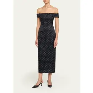 Lela Rose Polka-dot Jacquard Off-the-shoulder Midi Dress - Black