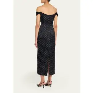 Lela Rose Polka-dot Jacquard Off-the-shoulder Midi Dress - Black