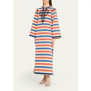 Rianna + Nina Embroidered Striped Cotton Maxi Dress