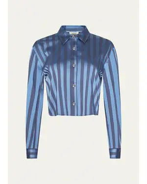 L'Agence Cosette Stripe Cropped High-low Shirt - Blue Multi