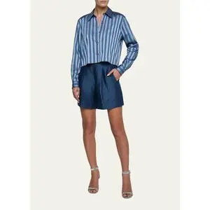 L'Agence Cosette Stripe Cropped High-low Shirt - Blue Multi