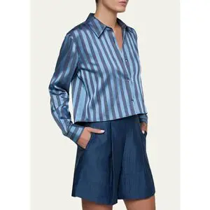 L'Agence Cosette Stripe Cropped High-low Shirt - Blue Multi
