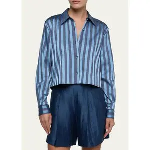 L'Agence Cosette Stripe Cropped High-low Shirt - Blue Multi