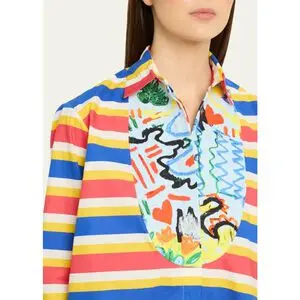 Rianna + Nina Tropica Striped Cotton Bib-front Collared Shirt