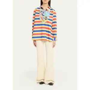 Rianna + Nina Tropica Striped Cotton Bib-front Collared Shirt