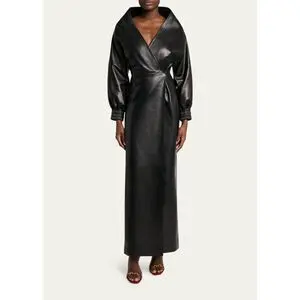 Balenciaga Sculpted Leather Long-sleeve Maxi Wrap Dress