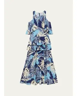 JW Anderson Sleeveless Floral Tiered Ruffle Midi Dress