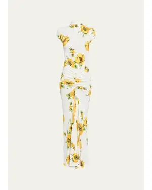 Alaïa Mock-neck Draped Floral Jersey Cap-sleeve Maxi Dress