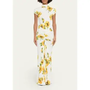 Alaïa Mock-neck Draped Floral Jersey Cap-sleeve Maxi Dress