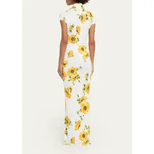 Alaïa Mock-neck Draped Floral Jersey Cap-sleeve Maxi Dress
