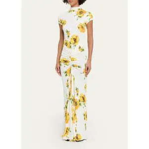 Alaïa Mock-neck Draped Floral Jersey Cap-sleeve Maxi Dress