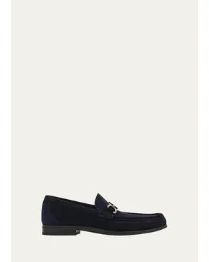 FERRAGAMO Grandioso Suede Gancio-bit Loafers - Navy