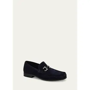 FERRAGAMO Grandioso Suede Gancio-bit Loafers - Navy