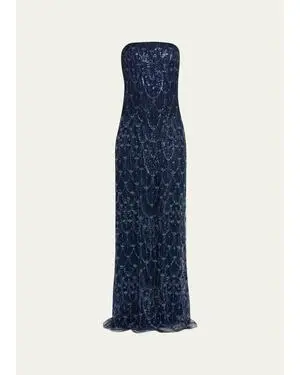 REEM ACRA Strapless Crystal Embellished Evening Gown - Navy