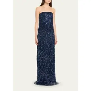 REEM ACRA Strapless Crystal Embellished Evening Gown