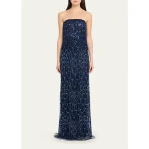 REEM ACRA Strapless Crystal Embellished Evening Gown