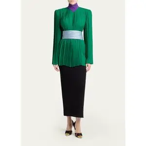 Valentino Garavani Mock-neck Pleated Silk Long-sleeve Top