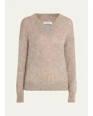 Brunello Cucinelli Winter Glow Paillette Mohair V-neck Sweater