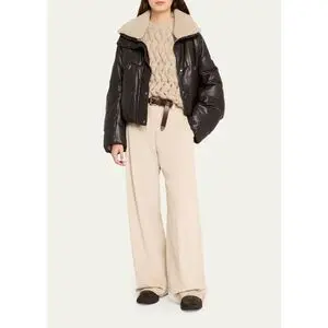 Brunello Cucinelli Waxed Leather Puffer Coat With Shearling Collar