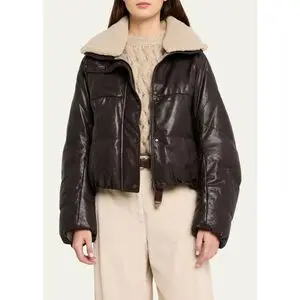 Brunello Cucinelli Waxed Leather Puffer Coat With Shearling Collar