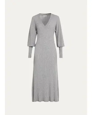 Brunello Cucinelli Sparkle Cashmere Rib Long-sleeve Midi Dress - Grey