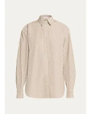 Brunello Cucinelli Striped Cotton Button-down Shirt With Monili Trim - Beige