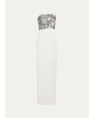 Prabal Gurung Strapless Floral Embellished Silk Column Gown - Silver