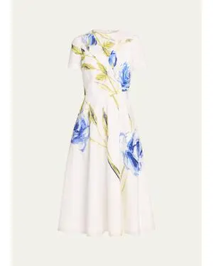 Rickie Freeman For Teri Jon Cotton Floral Print Short-sleeve Midi Dress - White Multi