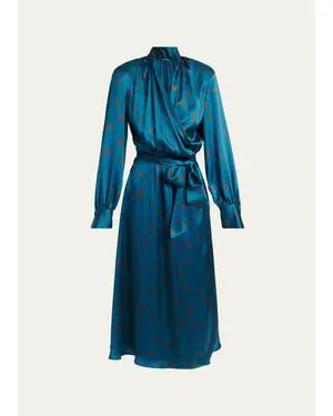 Kiton Strong-shoulder Long-sleeve Satin Midi Wrap Dress