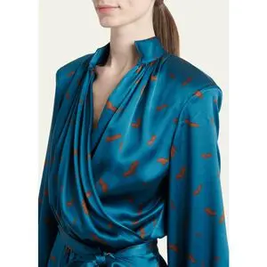 Kiton Strong-shoulder Long-sleeve Satin Midi Wrap Dress