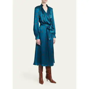 Kiton Strong-shoulder Long-sleeve Satin Midi Wrap Dress