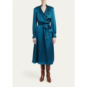 Kiton Strong-shoulder Long-sleeve Satin Midi Wrap Dress