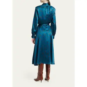 Kiton Strong-shoulder Long-sleeve Satin Midi Wrap Dress