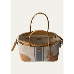 Prada Large Canvas And Leather Tote Bag - Natural/blue