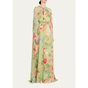 Rickie Freeman For Teri Jon Floral-print Chiffon Cape Gown