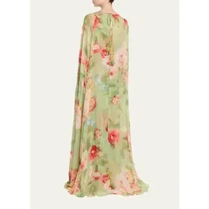 Rickie Freeman For Teri Jon Floral-print Chiffon Cape Gown