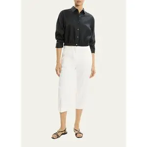 Theory Ruched-sleeve Cropped Linen Shirt
