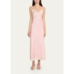 LoveShackFancy Lomira Bow Applique Satin Slip Dress