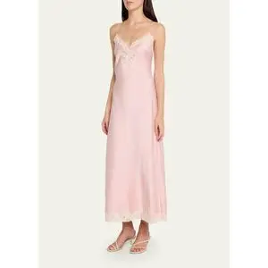 LoveShackFancy Lomira Bow Applique Satin Slip Dress