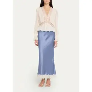LoveShackFancy Janella Lace-hem Silk Maxi Skirt