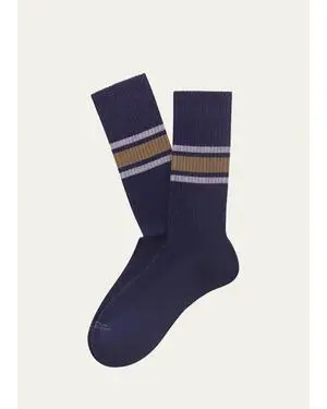 Marcoliani College Stripe Cotton Blend Crew Socks - Navy