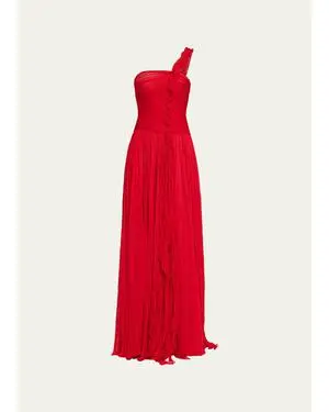 MARMAR HALIM One-shoulder Silk Georgette Ruffle Gown