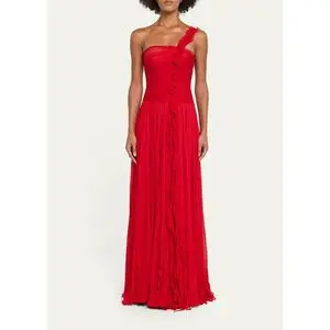 MARMAR HALIM One-shoulder Silk Georgette Ruffle Gown