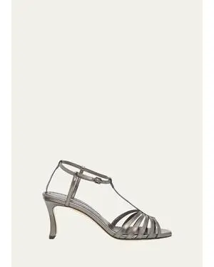 Manolo Blahnik 90mm Fulconpla Metallic Leather Caged Sandals - Silver