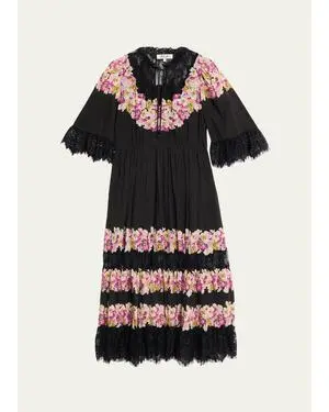 Sea 3/4-sleeve Persephone Print Cotton Lace-trim Midi Dress - Black