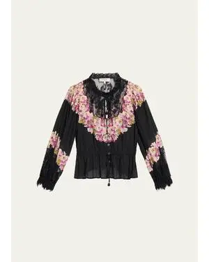 Sea Persephone Print Cotton & Lace Long-sleeve Blouse