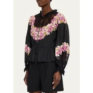 Sea Persephone Print Cotton & Lace Long-sleeve Blouse