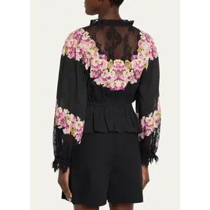 Sea Persephone Print Cotton & Lace Long-sleeve Blouse
