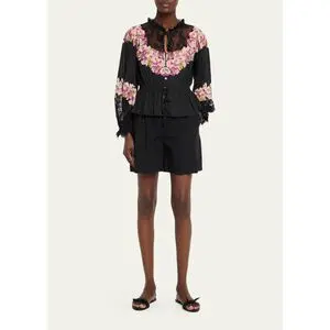 Sea Persephone Print Cotton & Lace Long-sleeve Blouse
